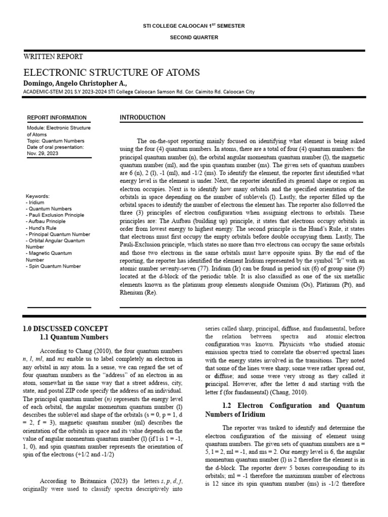 Written Report Domingodocx - Copy | PDF | Atomic Orbital | Electron ...