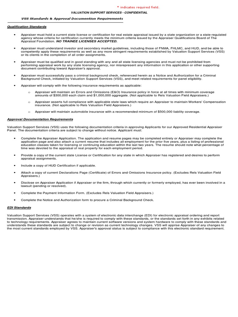 Valuation Support Services (VSS) Appraiser Panel Agreement | PDF ...