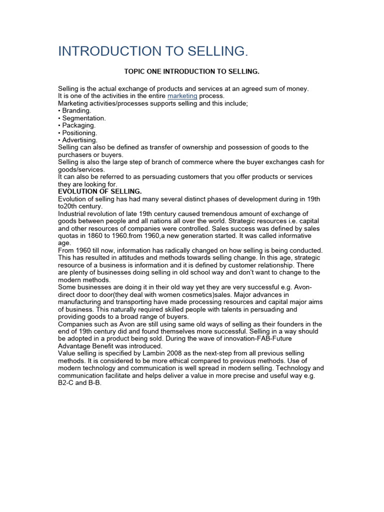 Introduction To Selling | PDF | Sales | Marketing