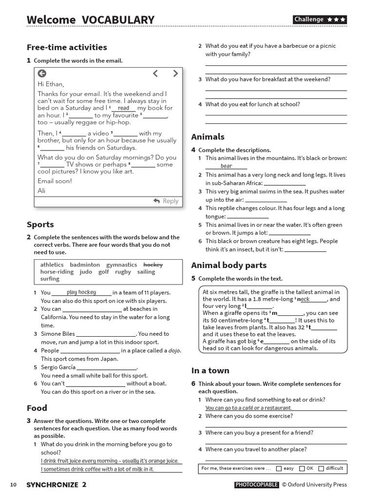 Synchronize2_TRB_worksheets_Welcome_Unit_challenge_vocabulary | PDF