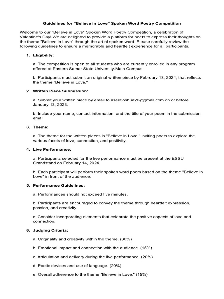 "Believe in Love" Poetry Competition Guidelines | PDF | Poetry | Creativity