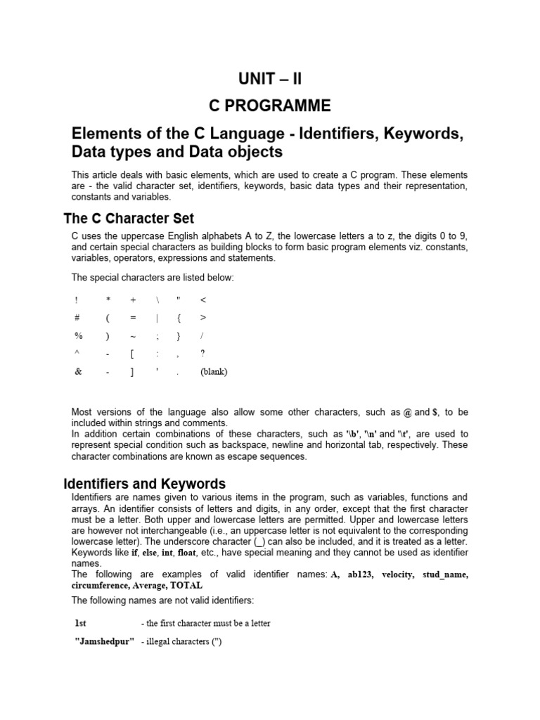 Elements of The C Language | Download Free PDF | Integer (Computer Science) | Data Type