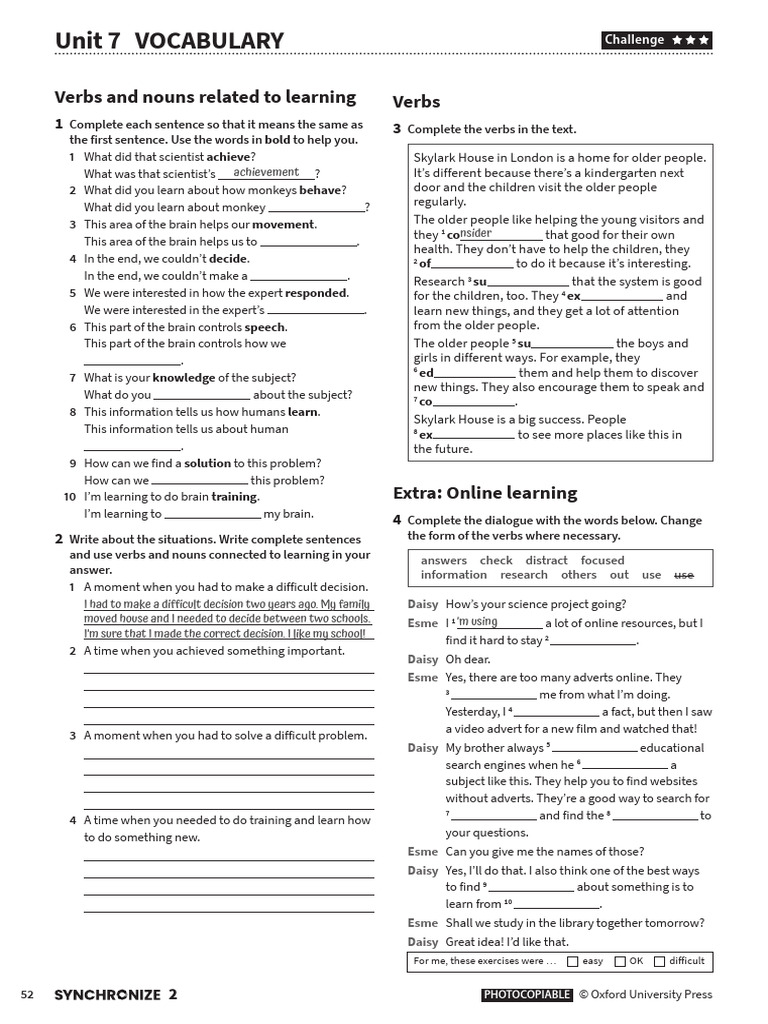 Synchronize2 TRB Worksheets Unit 7 Challenge Vocabulary | Download Free PDF | Subject (Grammar ...