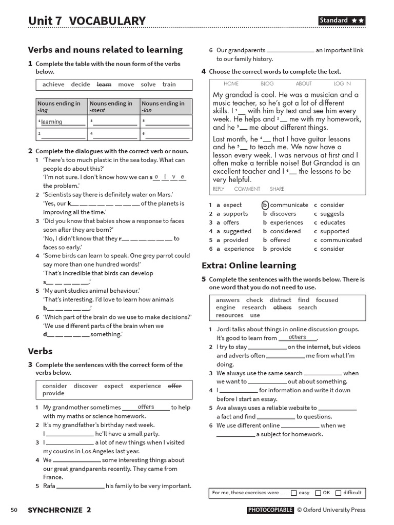 Synchronize2 TRB Worksheets Unit 7 Standard Vocabulary | PDF | Linguistics