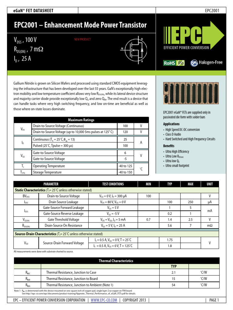 EPC2001 Datasheet | Download Free PDF | Field Effect Transistor | Solid State Engineering