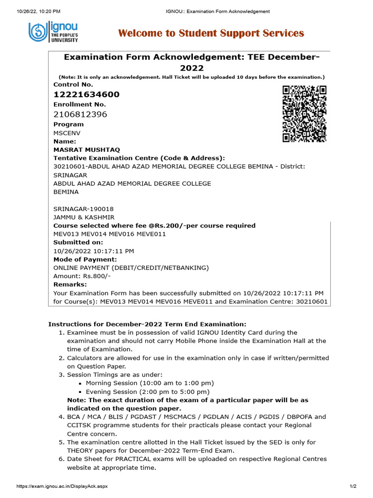 IGNOU__ Examination Form Acknowledgement | PDF | Banking Technology ...