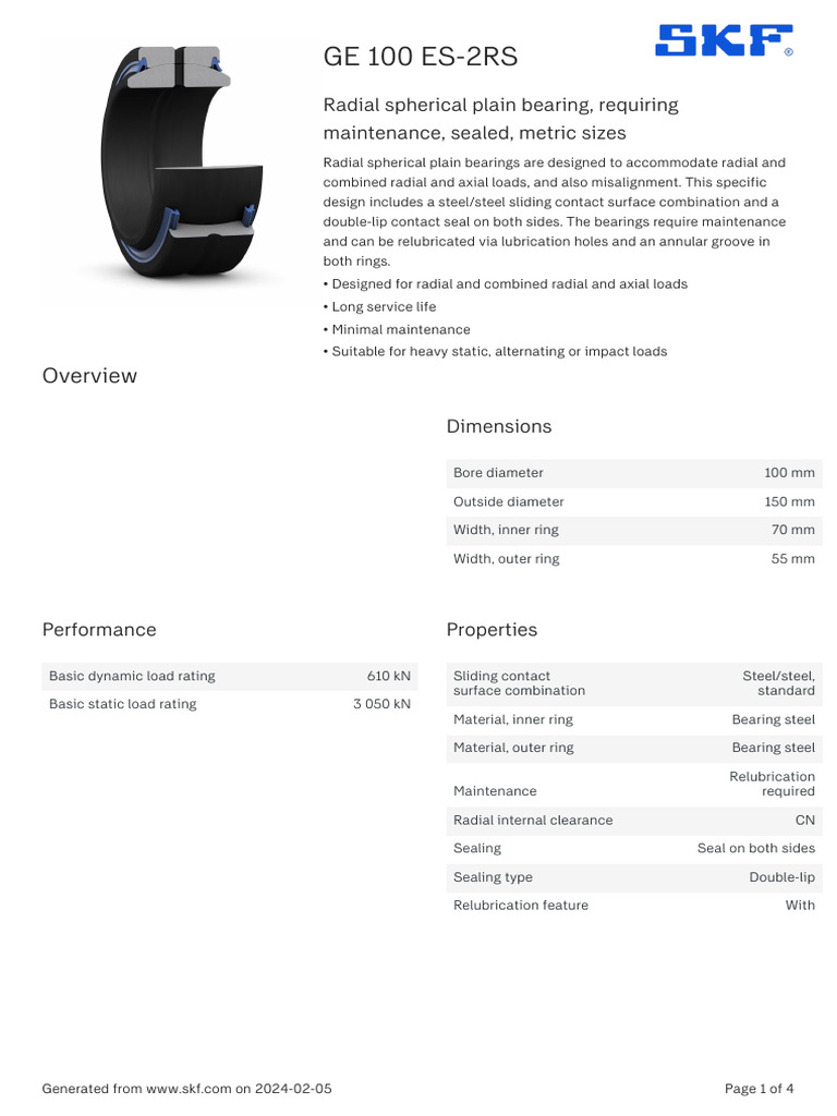SKF GE 100 ES-2RS Specification | PDF | License | Bearing (Mechanical)
