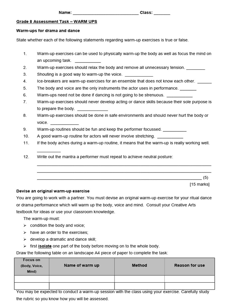 Grade 8 Drama Warm-Up Assessment | PDF | Rubric (Academic) | Learning