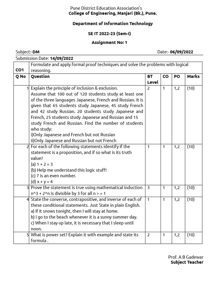 DM Assignments 2022 23 | PDF | Group (Mathematics) | Mathematical Proof