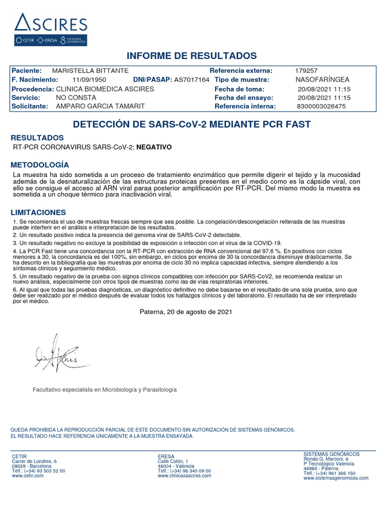 Informe PCR SARS-CoV-2 Negativo | PDF | Virus | Bioquímica