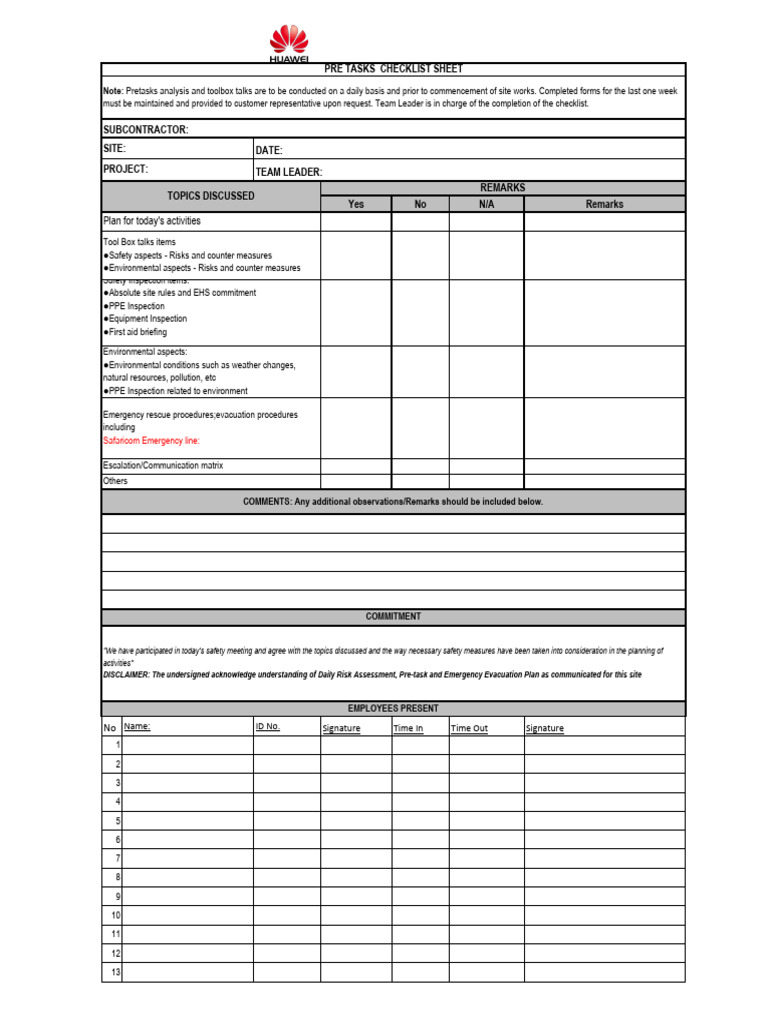 Pre-Task Safety Checklist Template | PDF