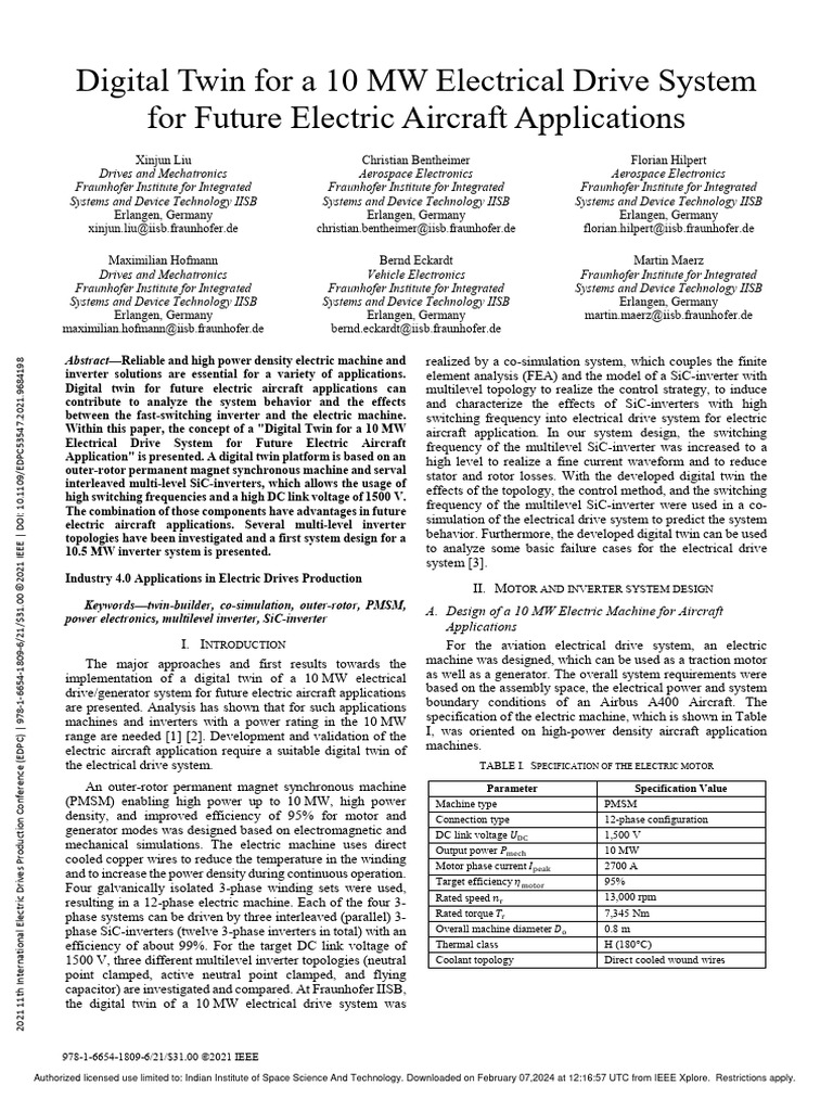 Digital Twin for 10 MW Electric Aircraft Drive | PDF | Electric Motor ...