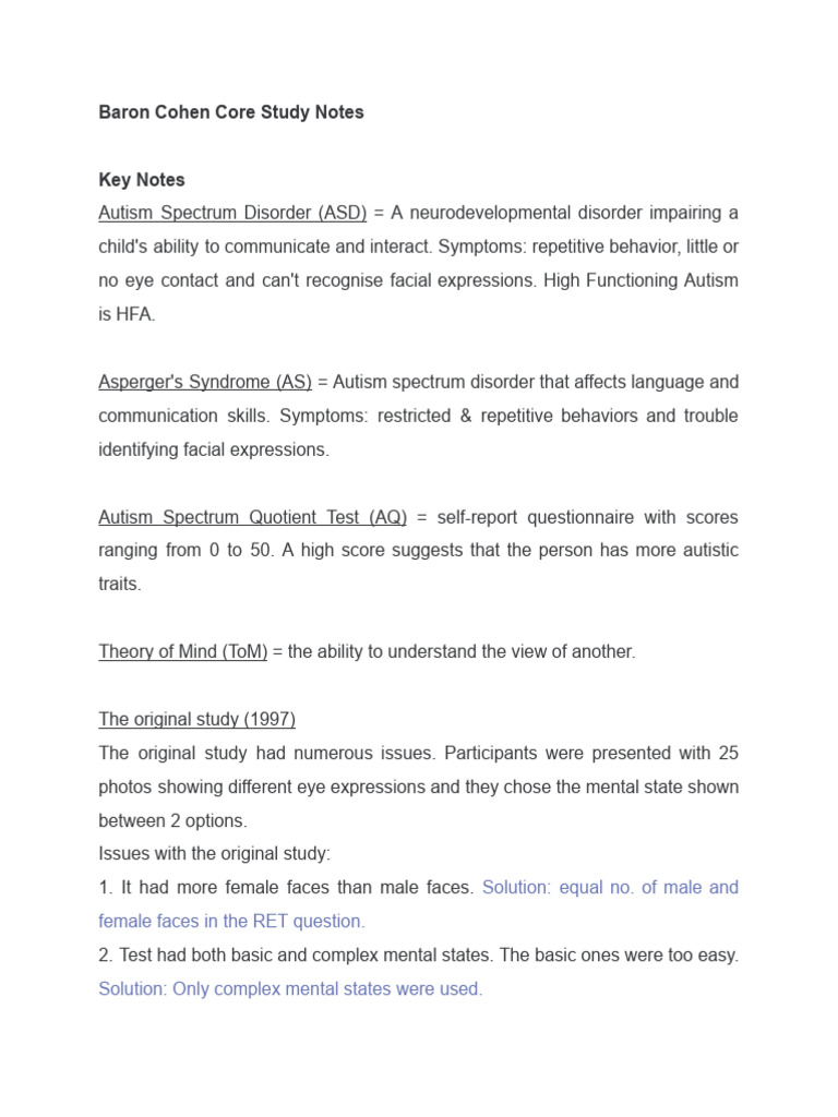 ! Baron Cohen Core Study Notes | PDF | Autism Spectrum | Validity ...