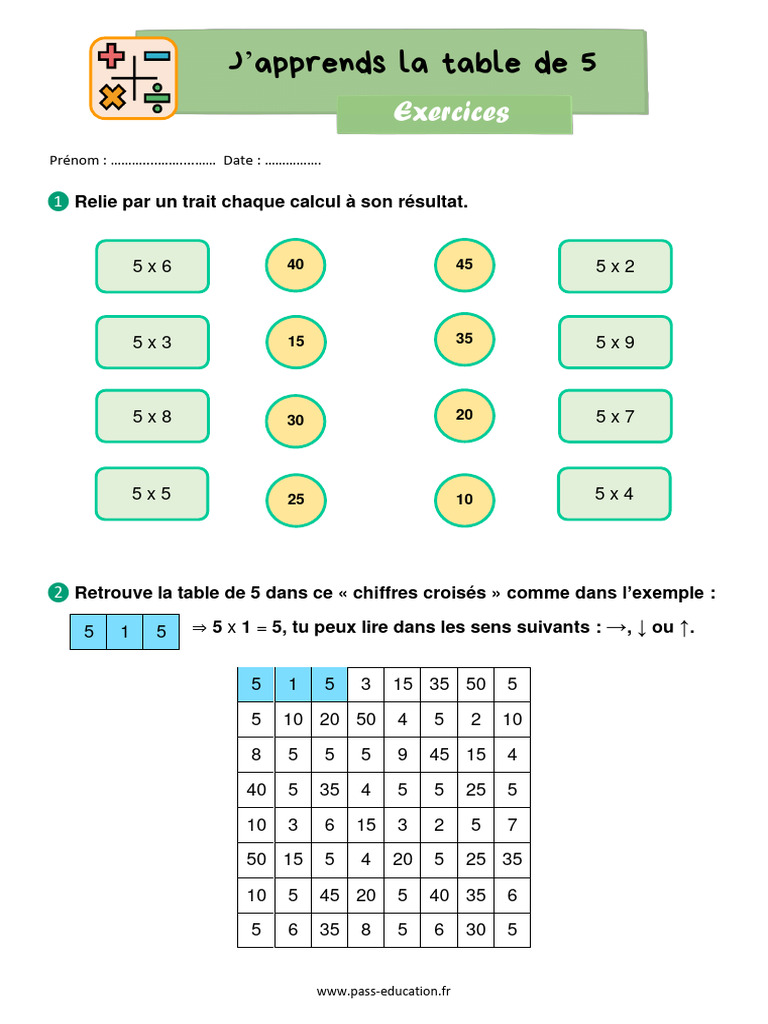 Exercices sur la table de 5 CE1 | PDF