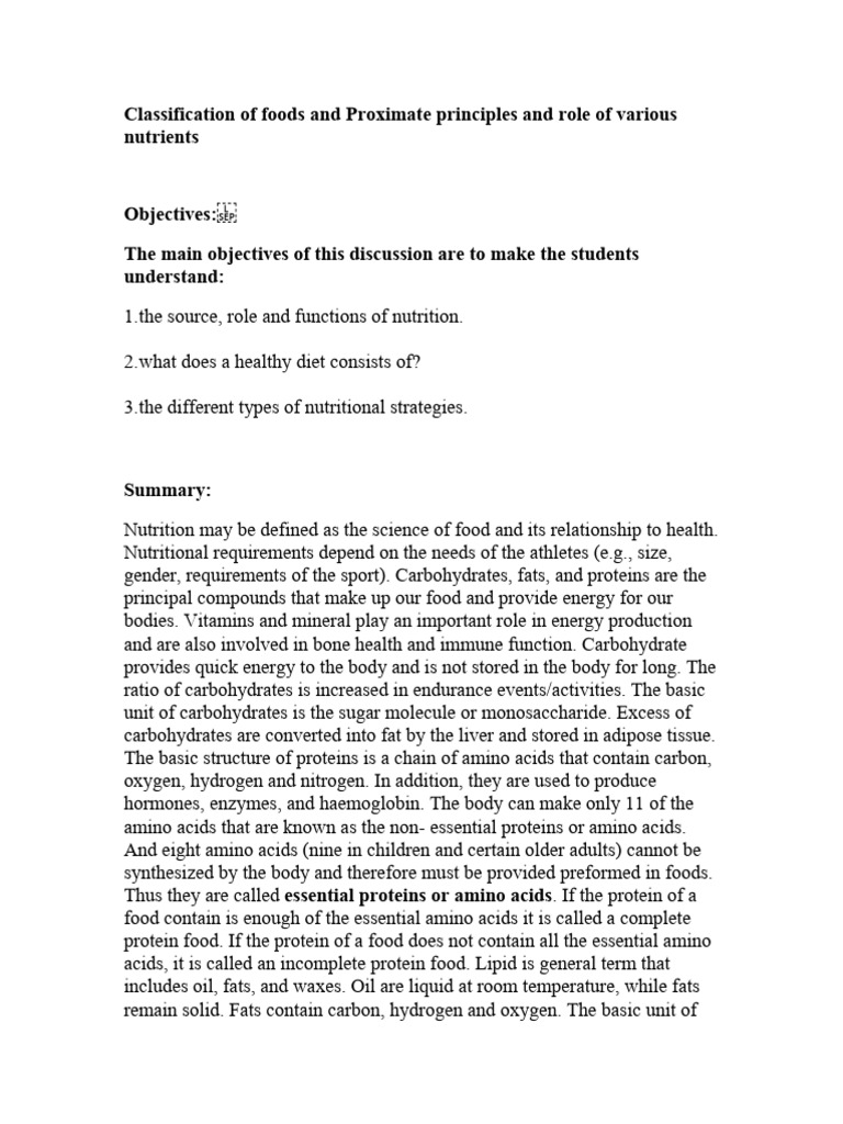 Classification of Foods and Proximate Principles and Role of Various ...