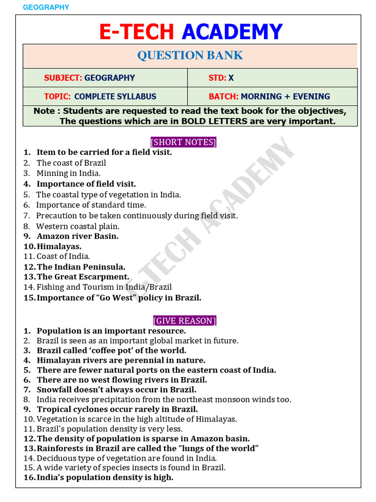 Geography Question Bank for Std X | PDF | Himalayas | Brazil