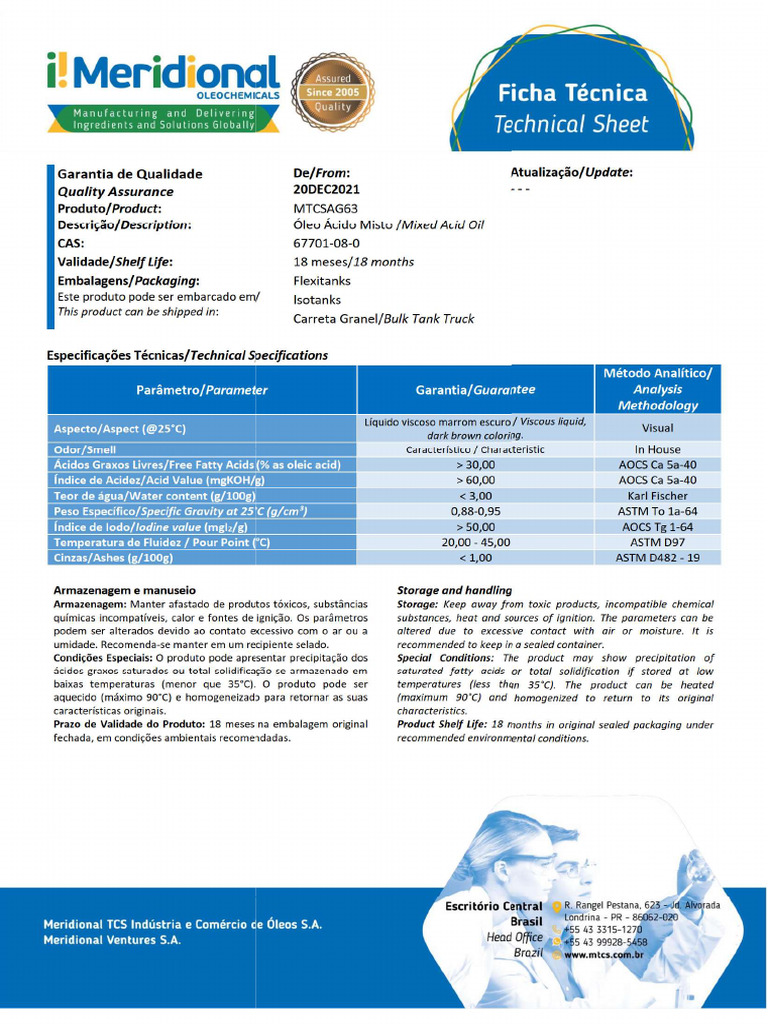 Ficha Técnica CRUDE MIXED FATTY ACID - MTCSAG63 - Mixed Acid Oil | PDF