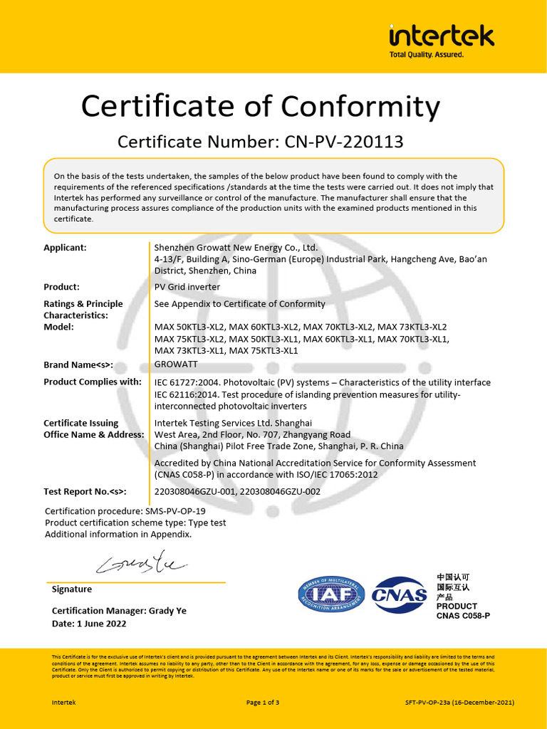 IEC 62116 Compliance Certificate for PV Inverters | PDF | Electrical ...