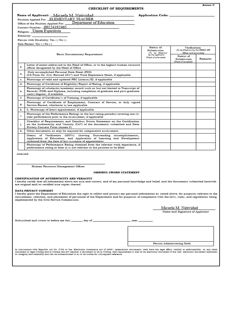 Job Application Requirements Checklist | PDF | Authentication