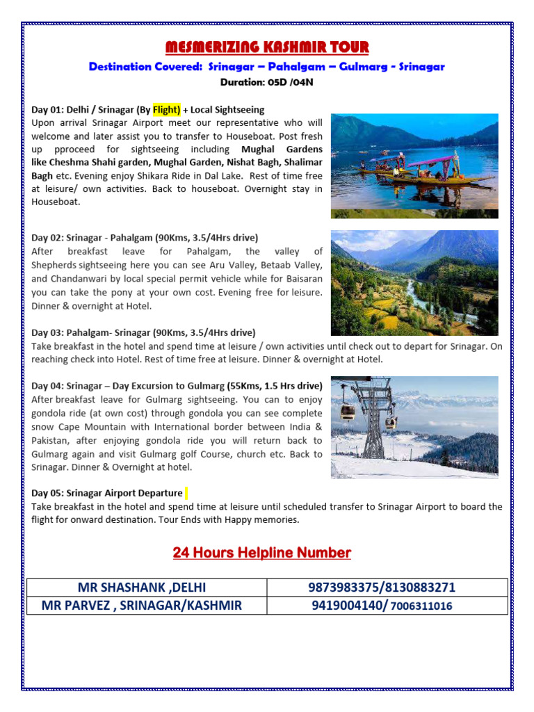 Kashmir Tours - 04N-05D (Final Programme) | PDF