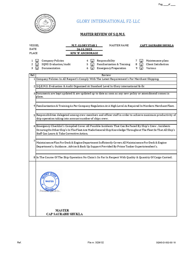 Vessel SQMS Audit Summary | PDF
