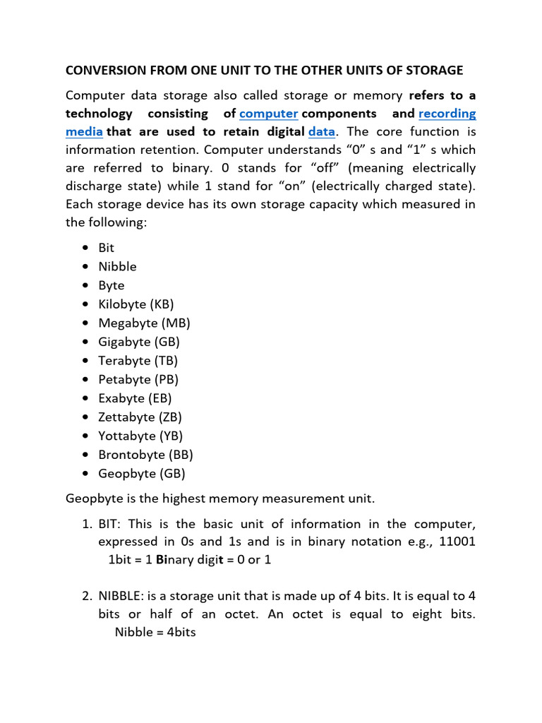 4762 - Conversion From One Unit To The Other Units of Storage | PDF | Byte | Bit