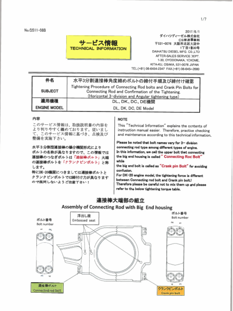 Daihatsu Tightening Proce For Con Rod, Crank Pin Bolts | PDF
