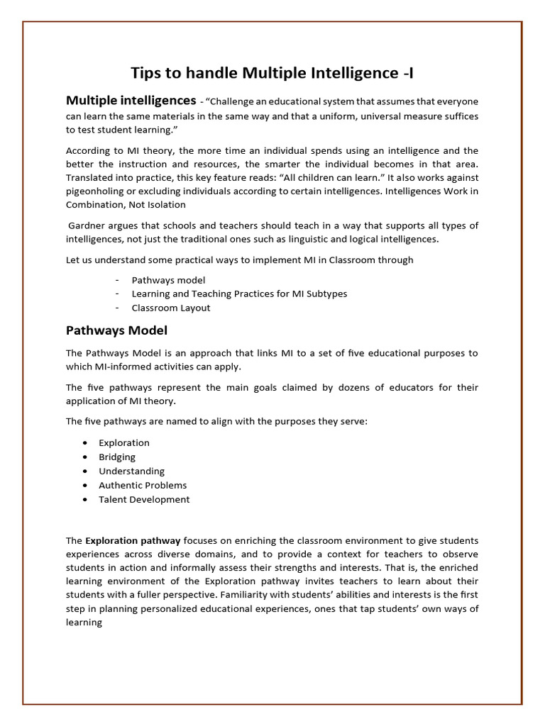 Tips To Handle Multiple Intelligence in The Classroom 1 | PDF ...