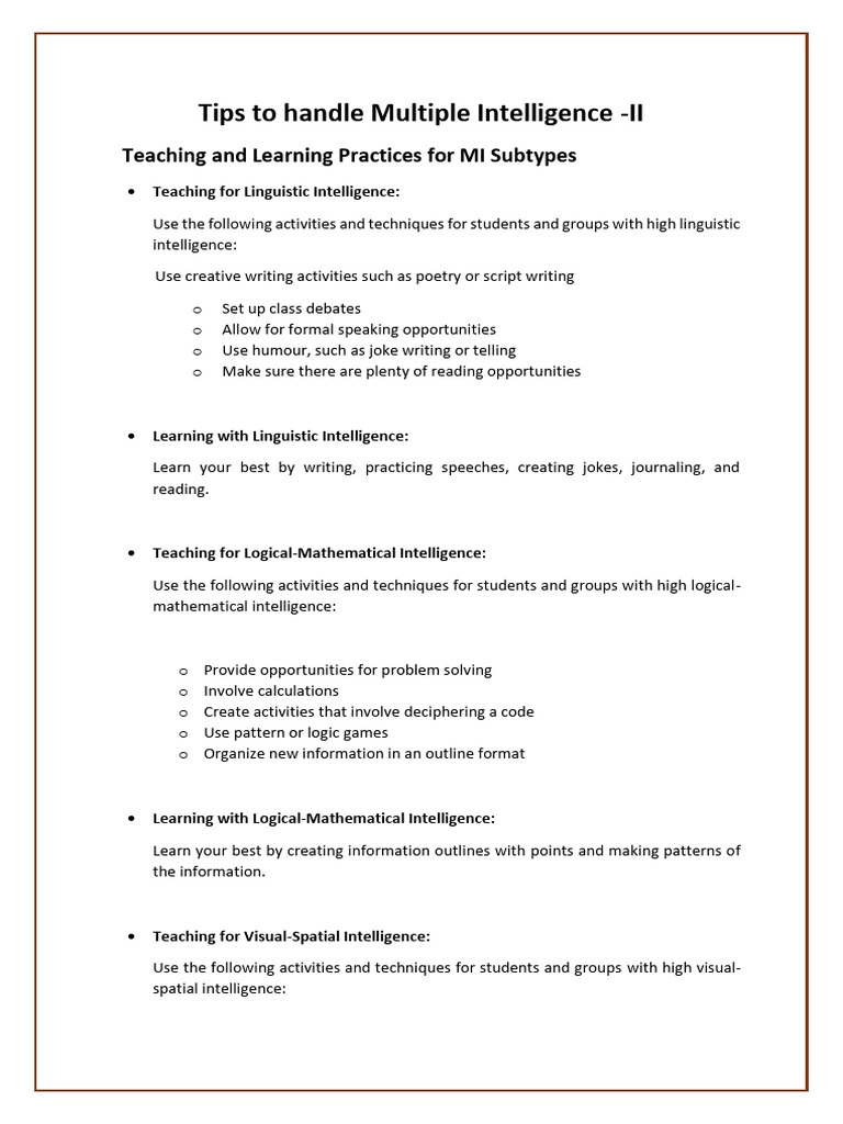 Tips To Handle Multiple Intelligence in The Classroom 2 | PDF | Intelligence | Learning Styles