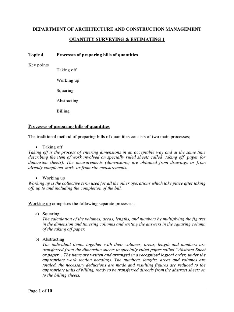 Topic 4 Processes of Preparing BOQ | PDF | Area | Measurement