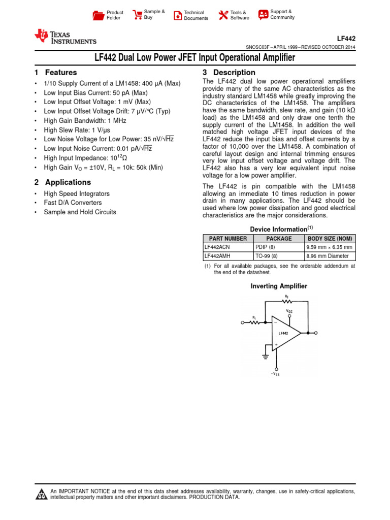 Texas_Instruments-LF442CN-datasheet | PDF | Amplifier | Operational ...