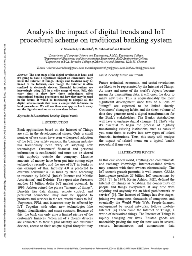 Analysis Impact of Digital Trends and IoT On Traditional Banking System | PDF | Internet Of ...