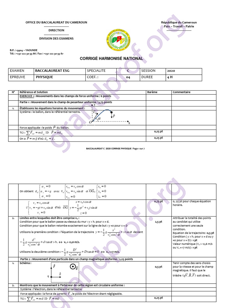Correction Physique Bac C 2020 | PDF | Mécanique | Phénomène physique