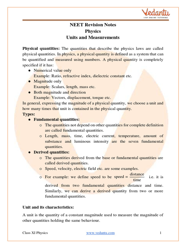 NEET Class 11 Units & Measurements Notes | PDF | Significant Figures ...