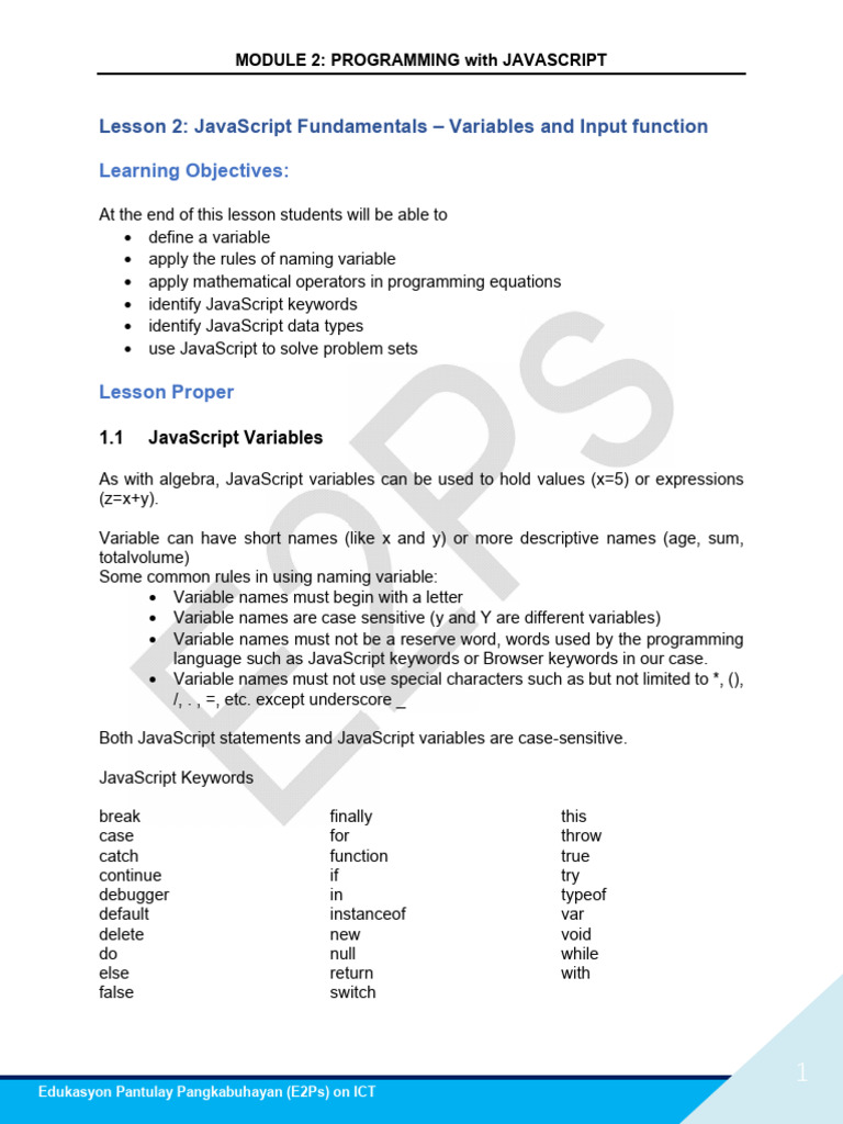 Module 2 Lesson 2 Pdf Variable Computer Science Data Type