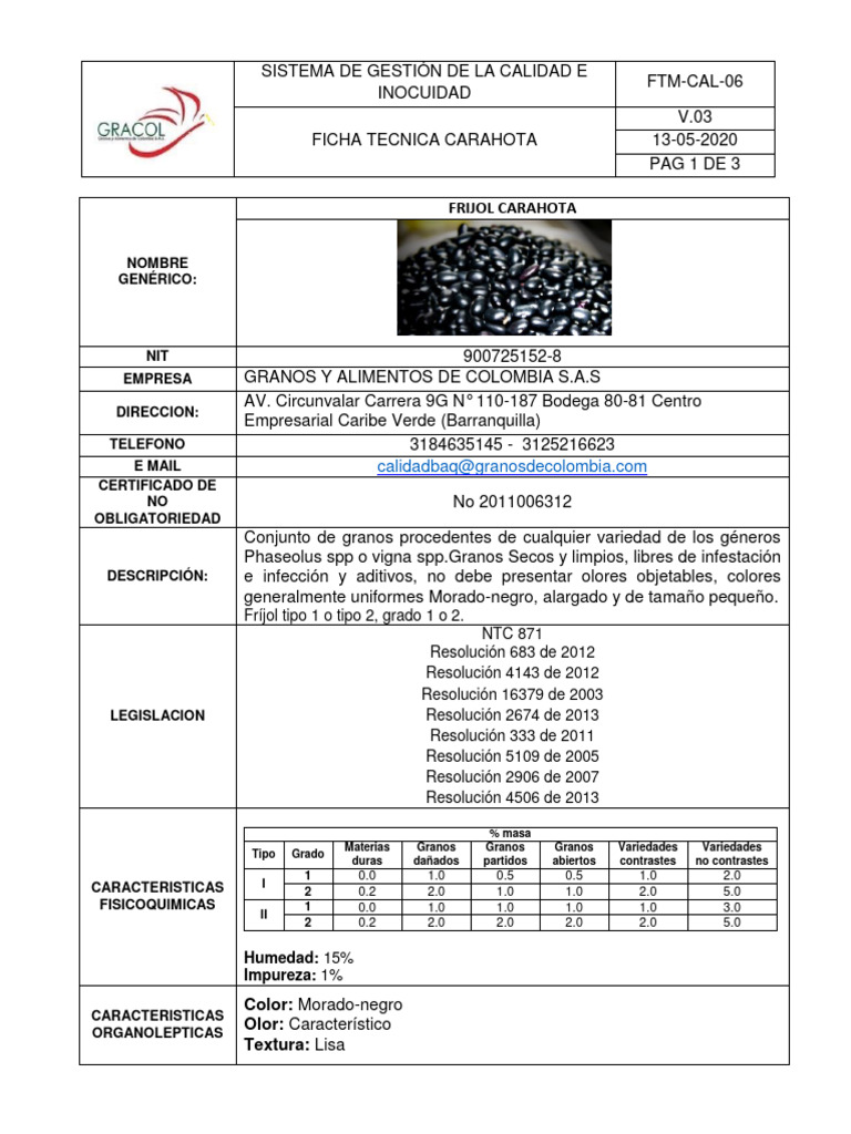 FT Frijol Carahota | Descargar gratis PDF | Etiqueta de información nutricional