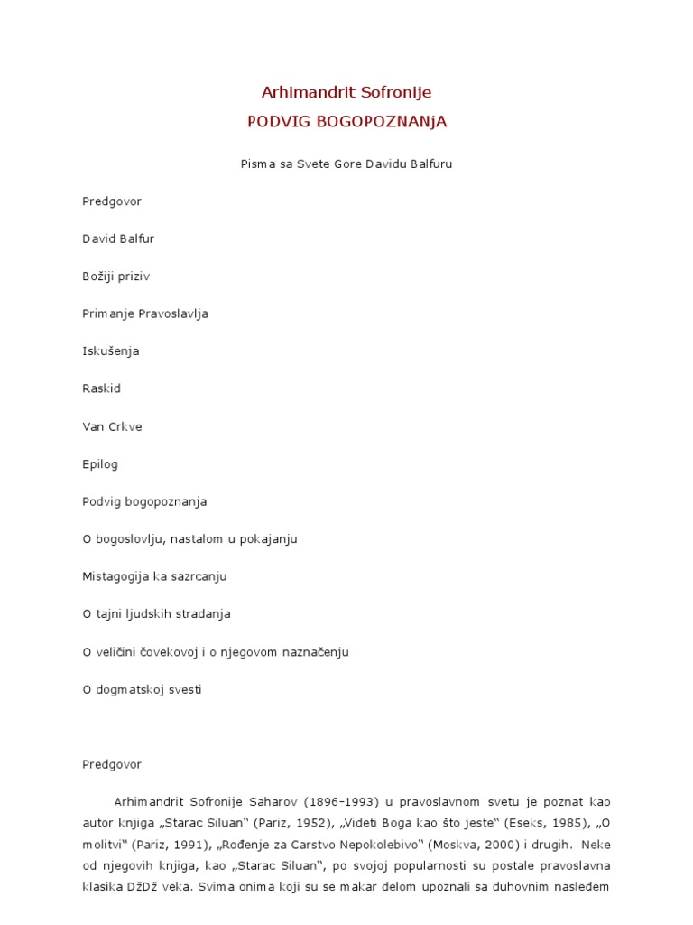 Arhimandrit Sofronije - PODVIG BOGOPOZNANjA | PDF