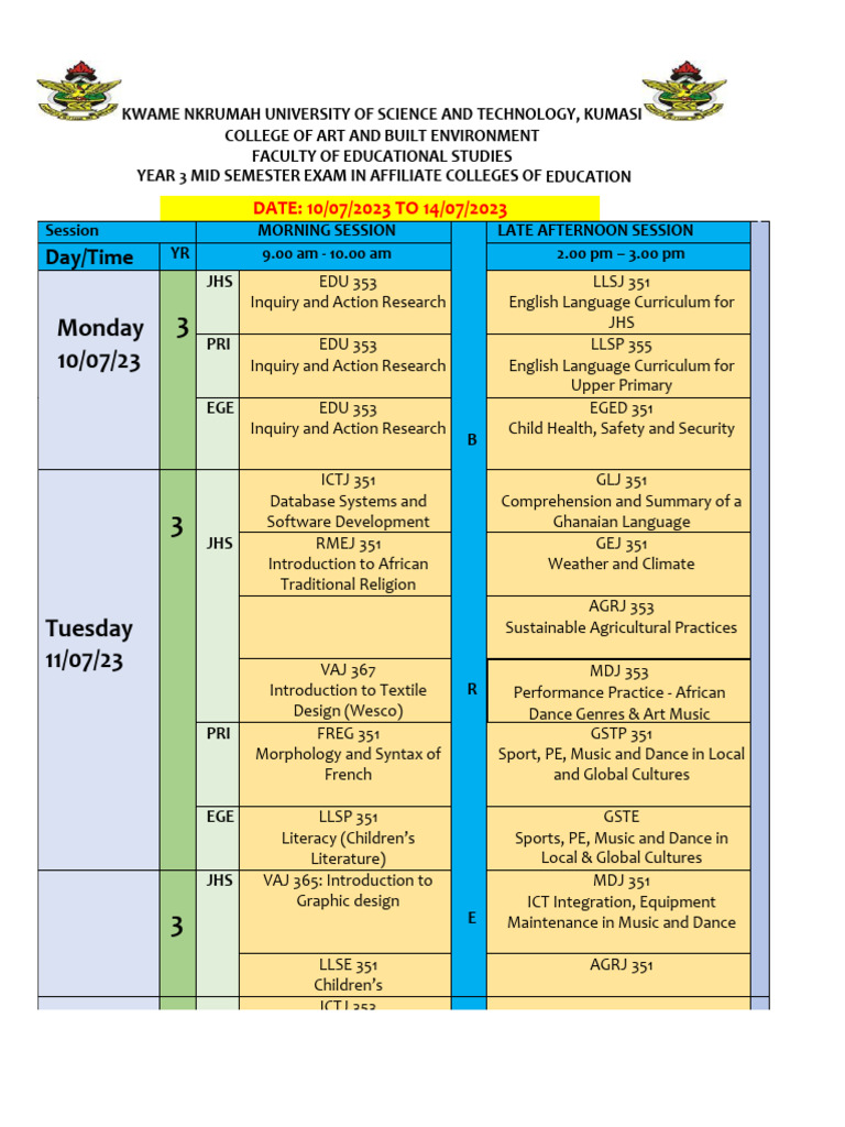 Year 3 First Semester Mid Semester Exam Timetable - Final | PDF | Ghana
