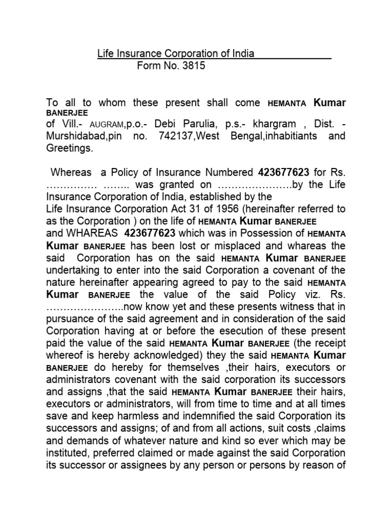 Life Insurance Corporation of India HEMANTA BANERJEE | PDF | Civil Law ...