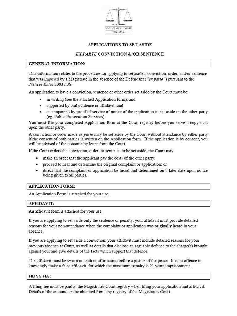 Application To Set Aside Ex Parte Conviction Order Sentence Rule 38 Pdf Affidavit Justice