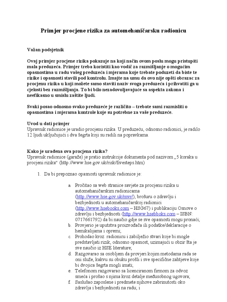 Primjer Procjene Rizika | PDF
