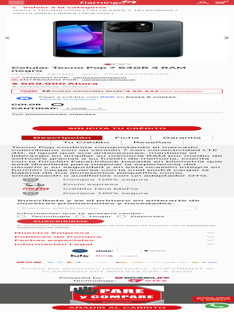 Celular Tecno Pop 7 64GB 4 RAM Negro - Flamingo | PDF | Informática