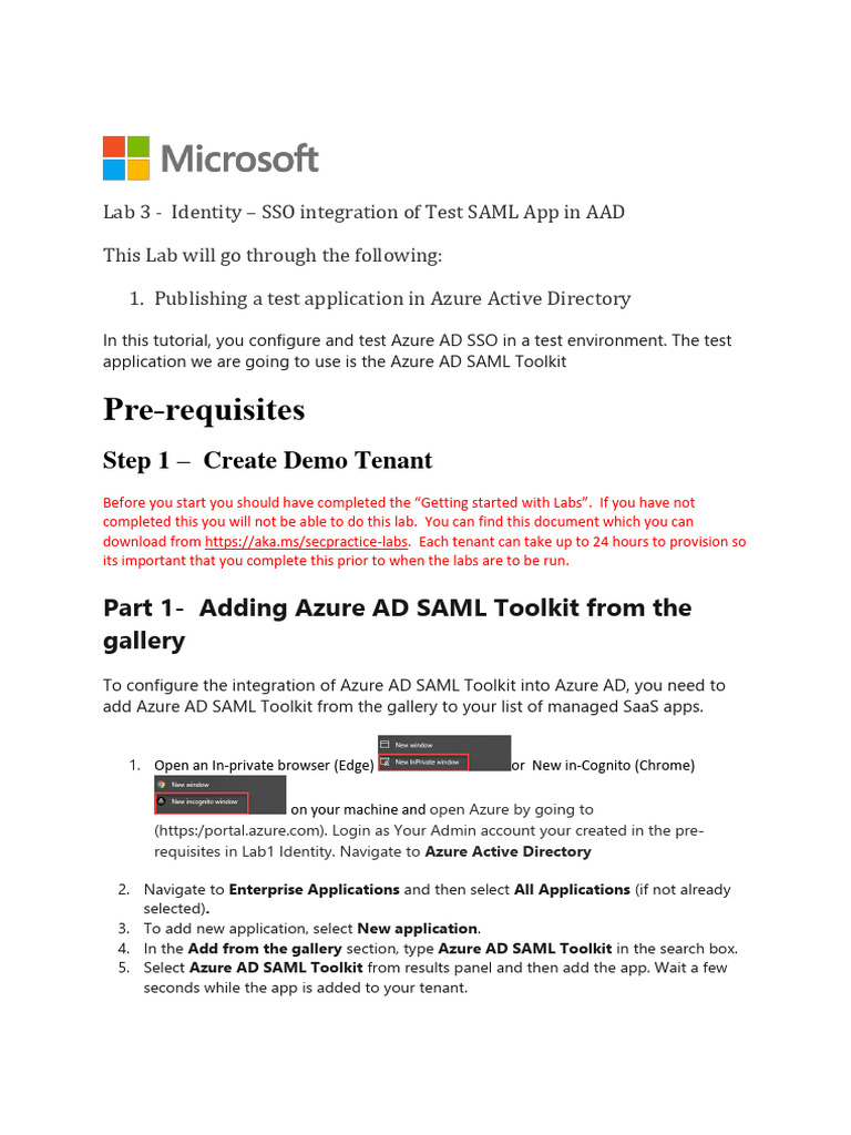 Lab3 Identity Sso Integration Of Test Saml App In Aad Pdf Login