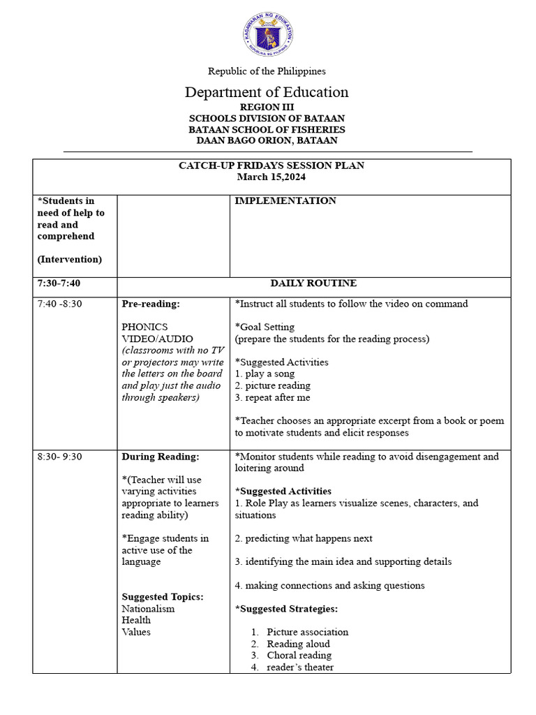 Catch Up Friday Session Plan | PDF | Learning | Cross Cultural Communication