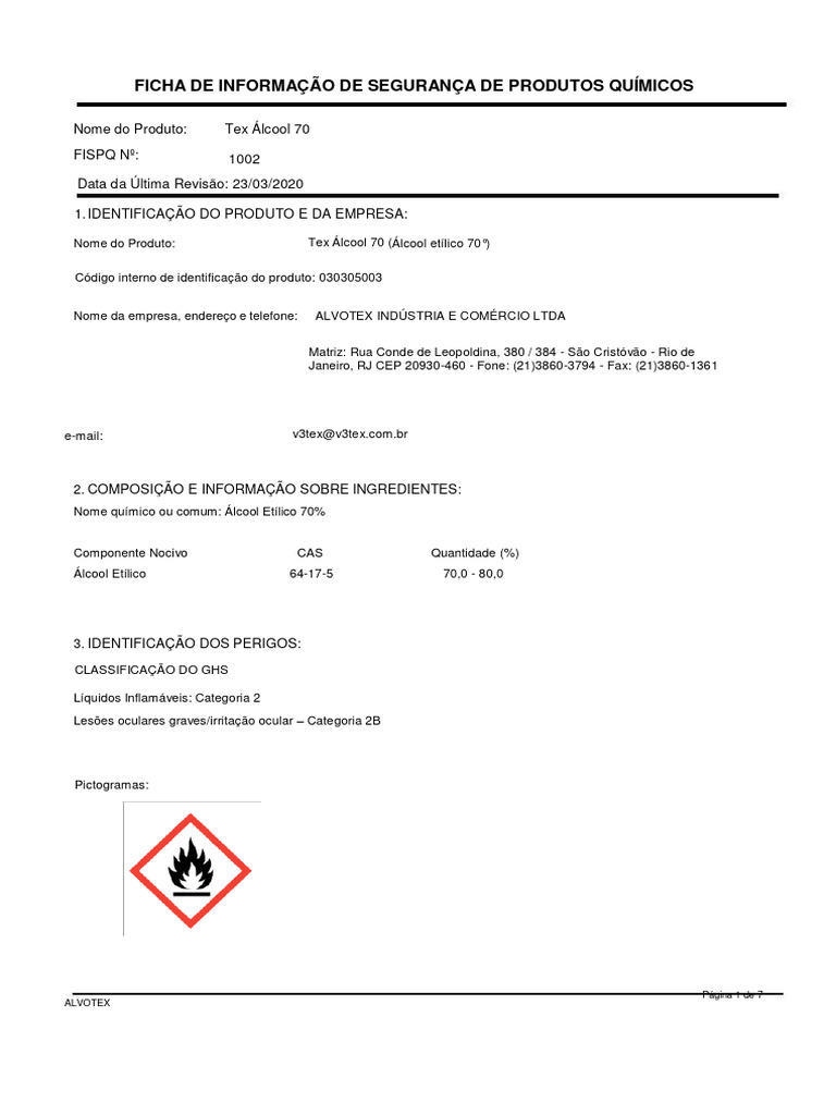 FISPQ - Tex Álcool 70 | PDF | Incêndios | Química