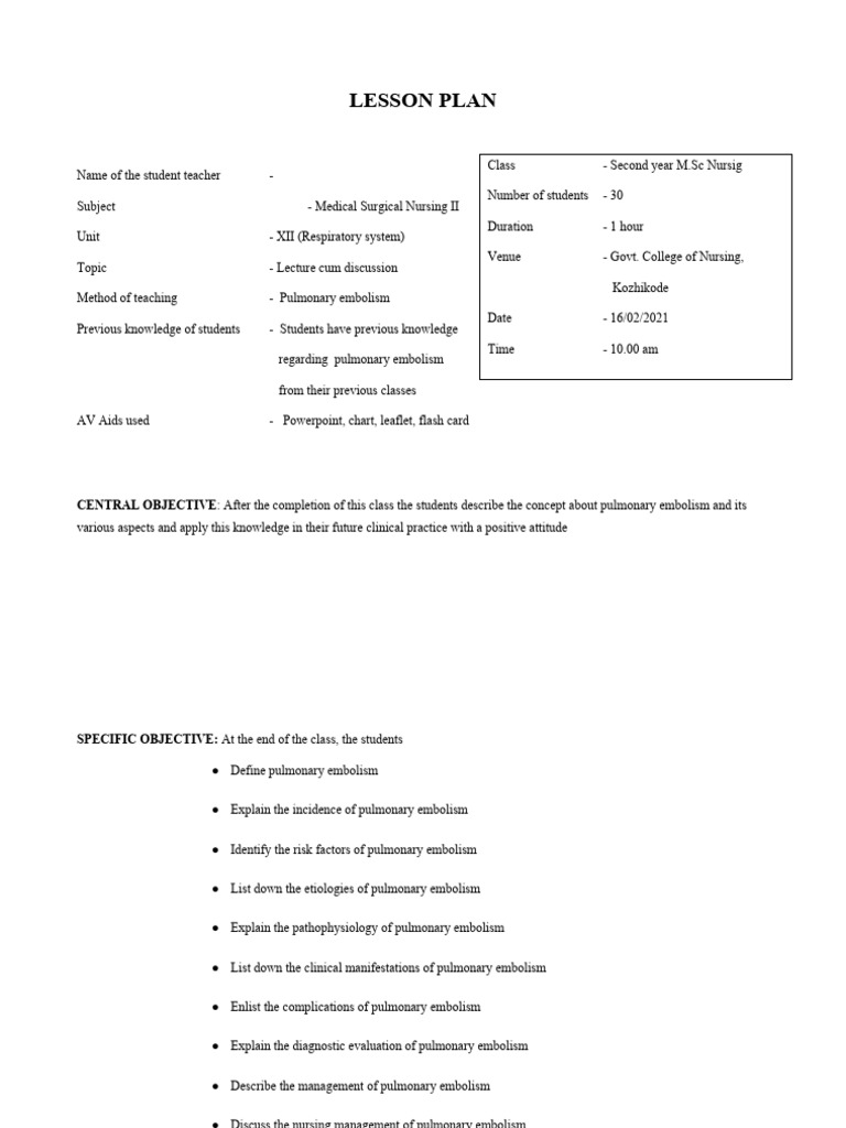 LESSON PLAN | PDF | Embolism | Thrombus