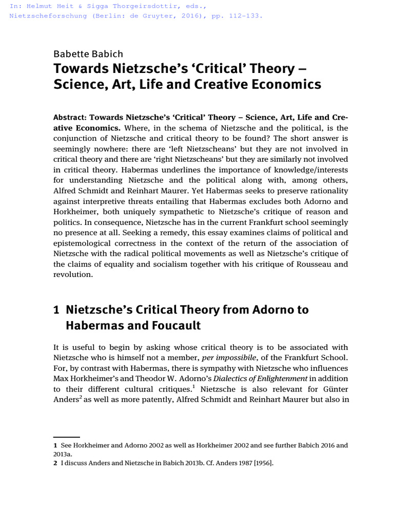Towards Nietzsche S Critical Theory Scie | PDF | Frankfurt School ...