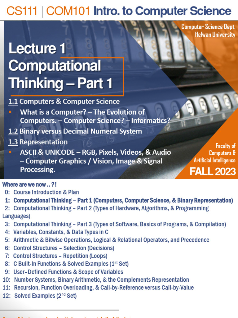 CS111: Intro to Computer Science Lecture 1 | PDF | Bit | Computer Science