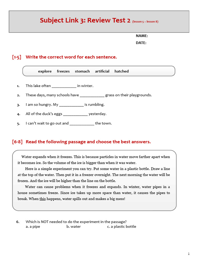 Subject Link 3 Review Test 2 (202401) | PDF | Penguin | Ice