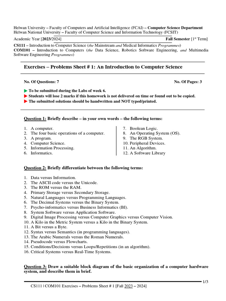 CS111 Exercises (Problems Sheet 1) | PDF | Computer Science | Machine Learning